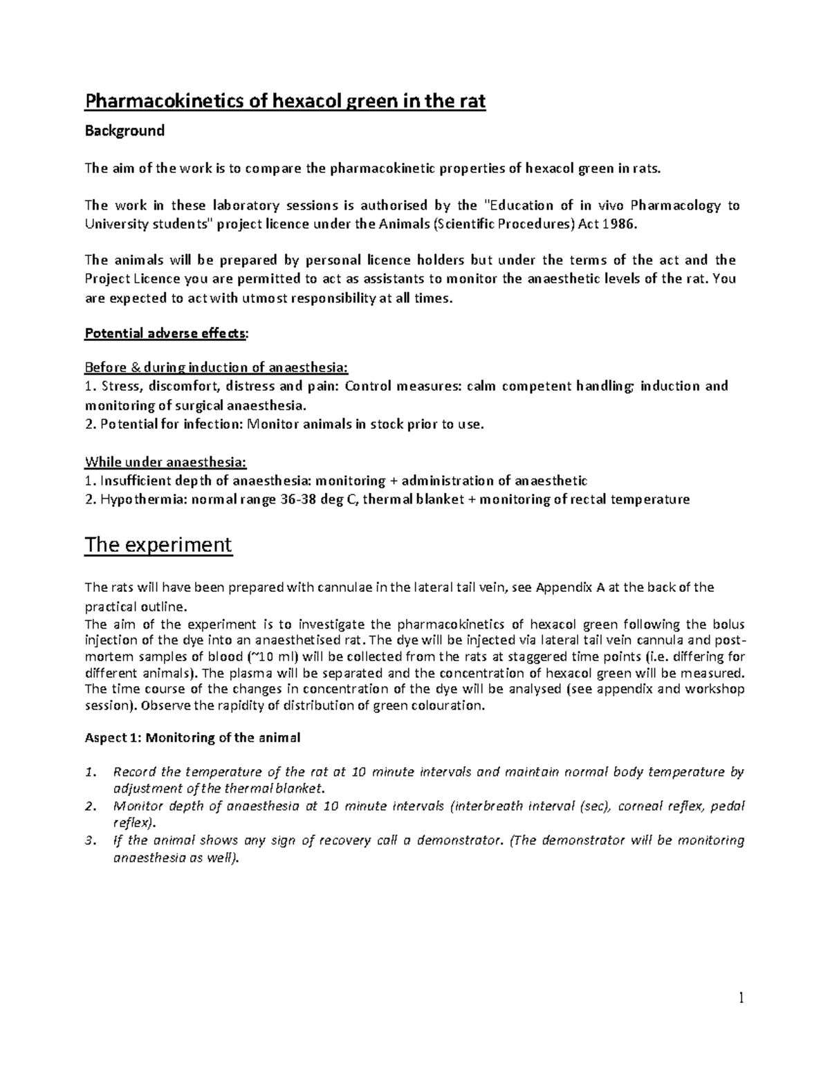 Methods - 1 Pharmacokinetics of hexacol green in the rat Background The ...