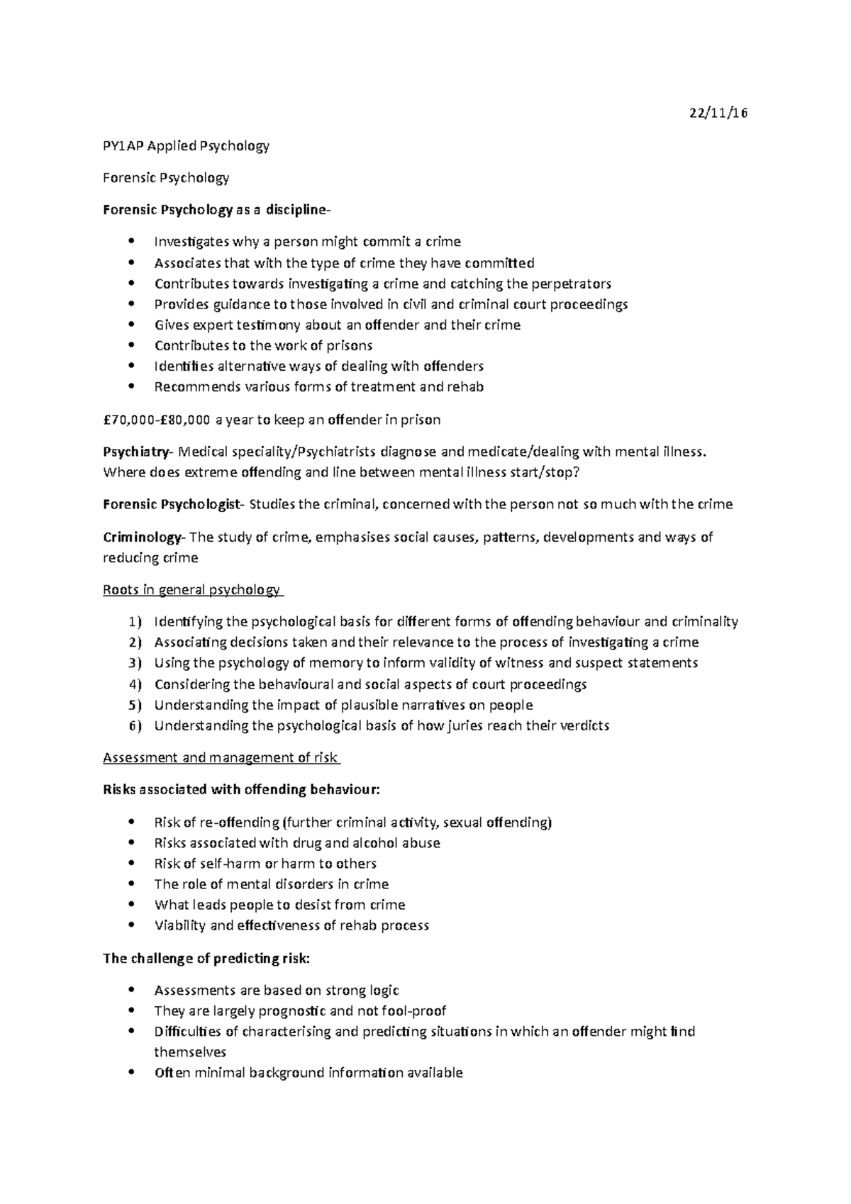 Forensic Psychology 2 Notes - 22/11/16 PY1AP Applied Psychology ...
