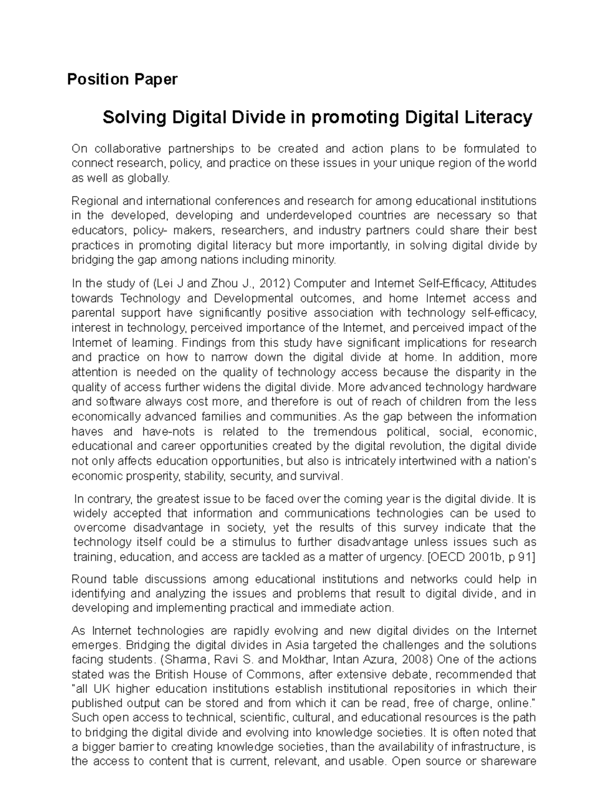 Position Paper- Solving Digital Divide in promoting Digital Literacy ...