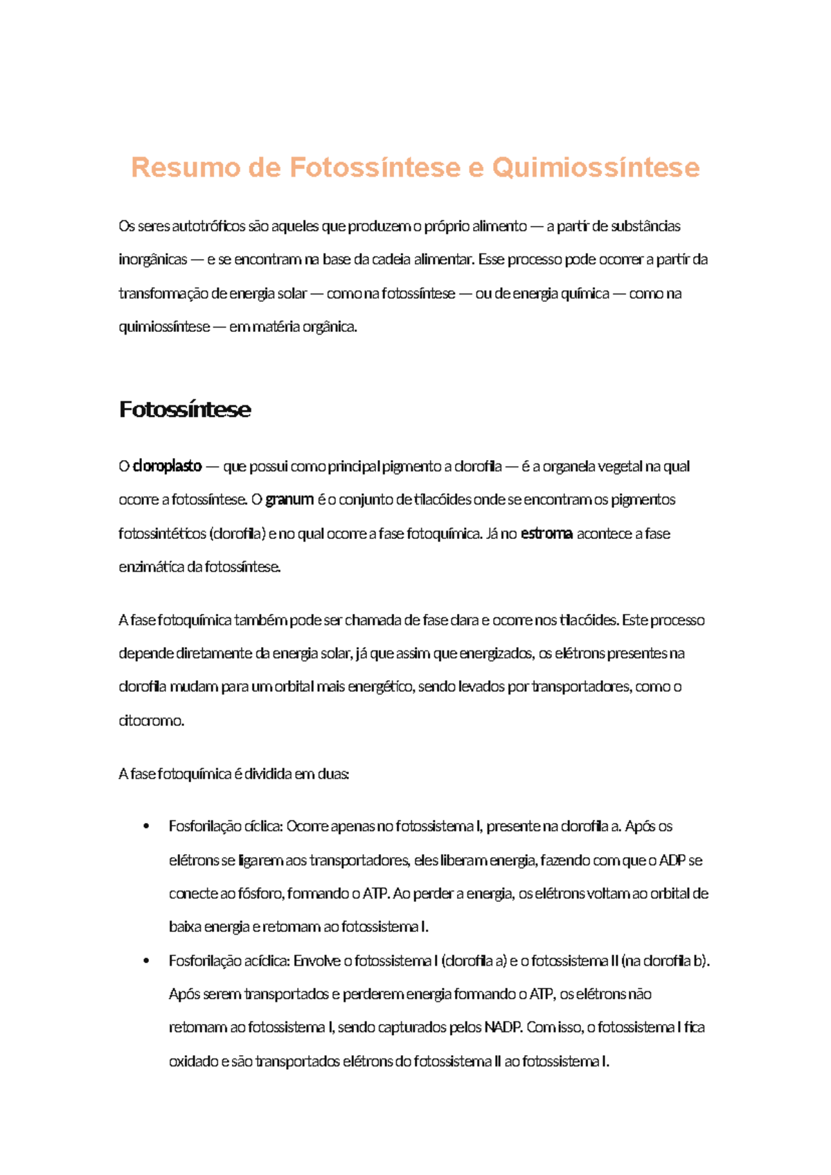 Resumo fotossintese e quimiossintese - Resumo de Fotossíntese e ...