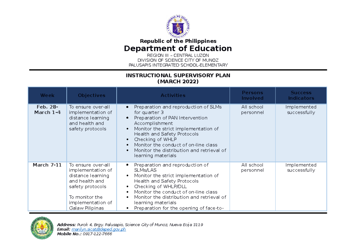 Palusapis IS-Elem Instructional Supervisory Plan - Department of ...