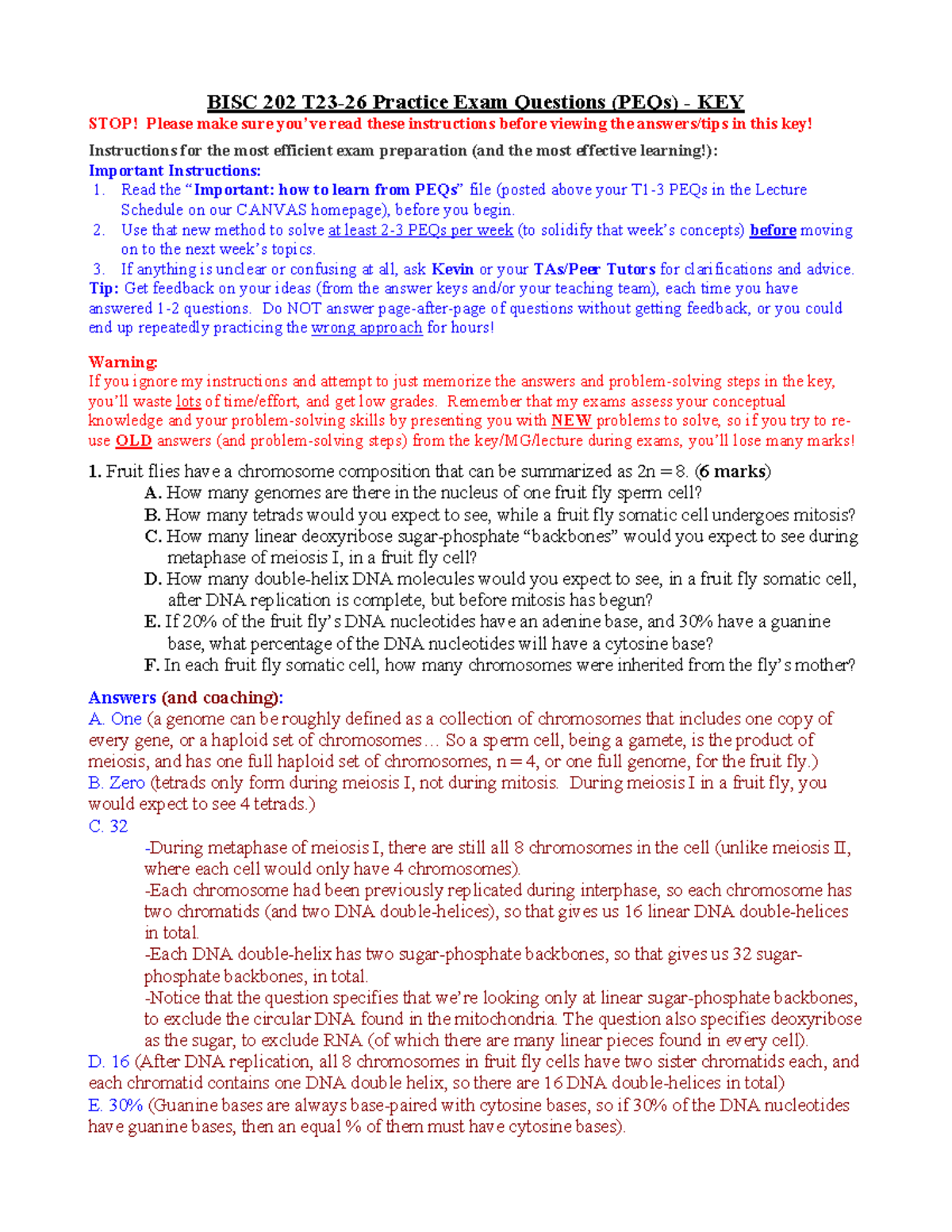 T23-26 PEQs - Key - Answer key for practice exam questions. - BISC 202 ...