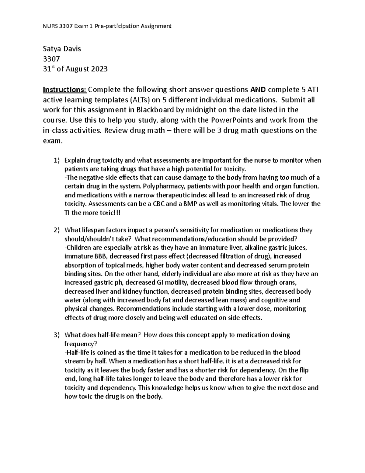 3307 Fall 2023 Exam 1 Pretest Assignment - Satya Davis 3307 31 st of ...
