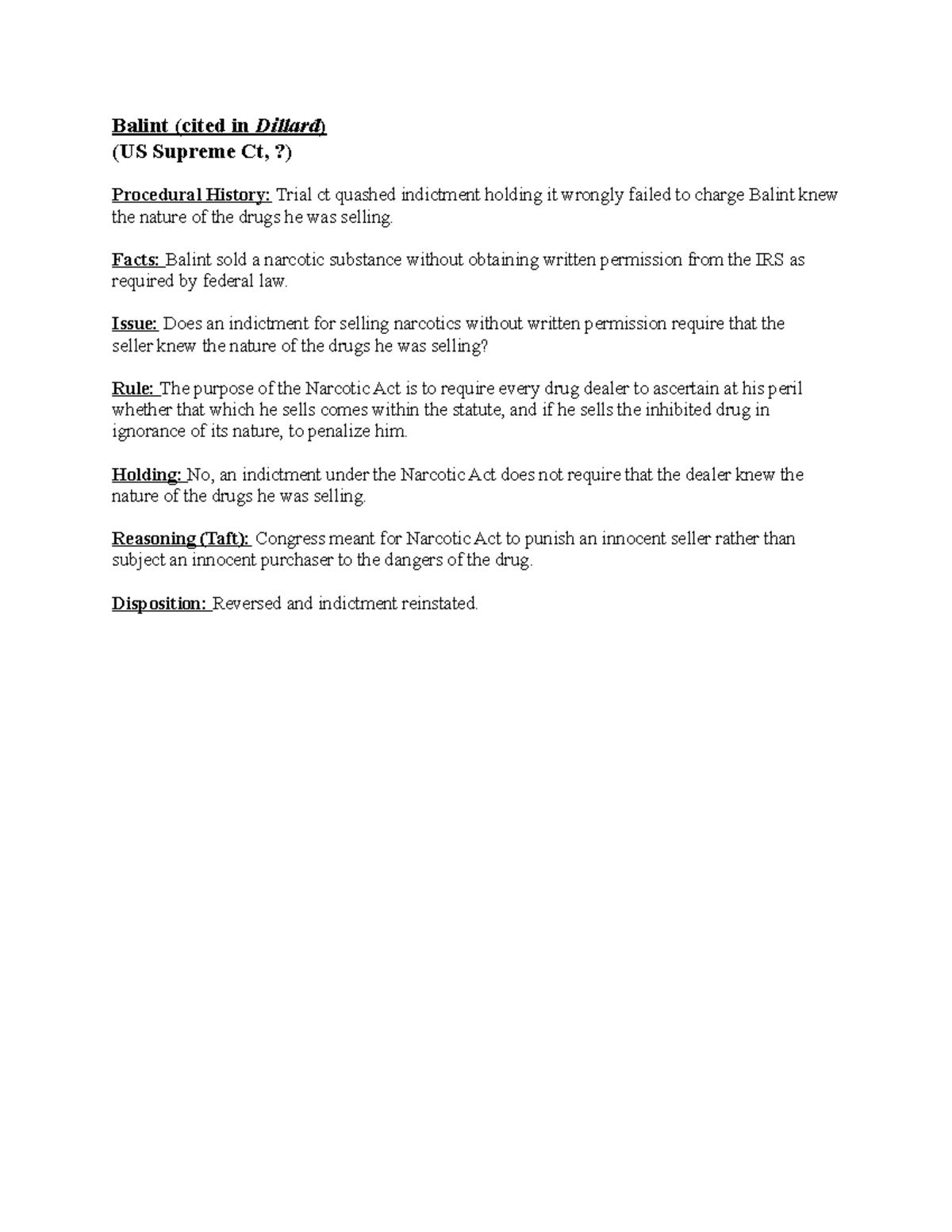 US v. Balint Case Brief - Balint (cited in Dillard ) (US Supreme Ct ...