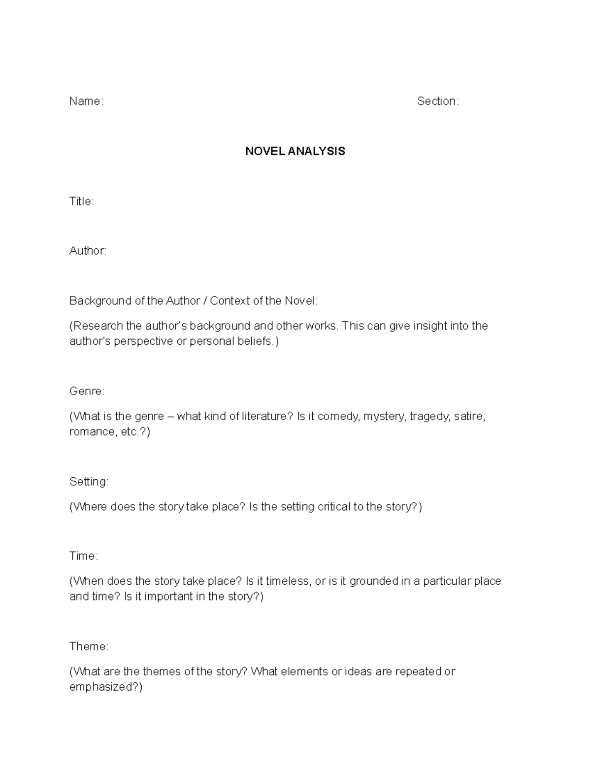 Novel Analysis Format Name Section NOVEL ANALYSIS Title Author