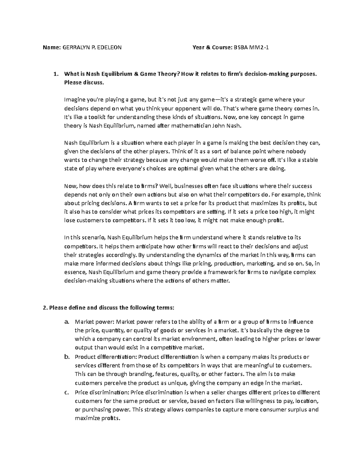 Economics Game Theory - Name: GERRALYN P. EDELEON Year & Course: BSBA ...