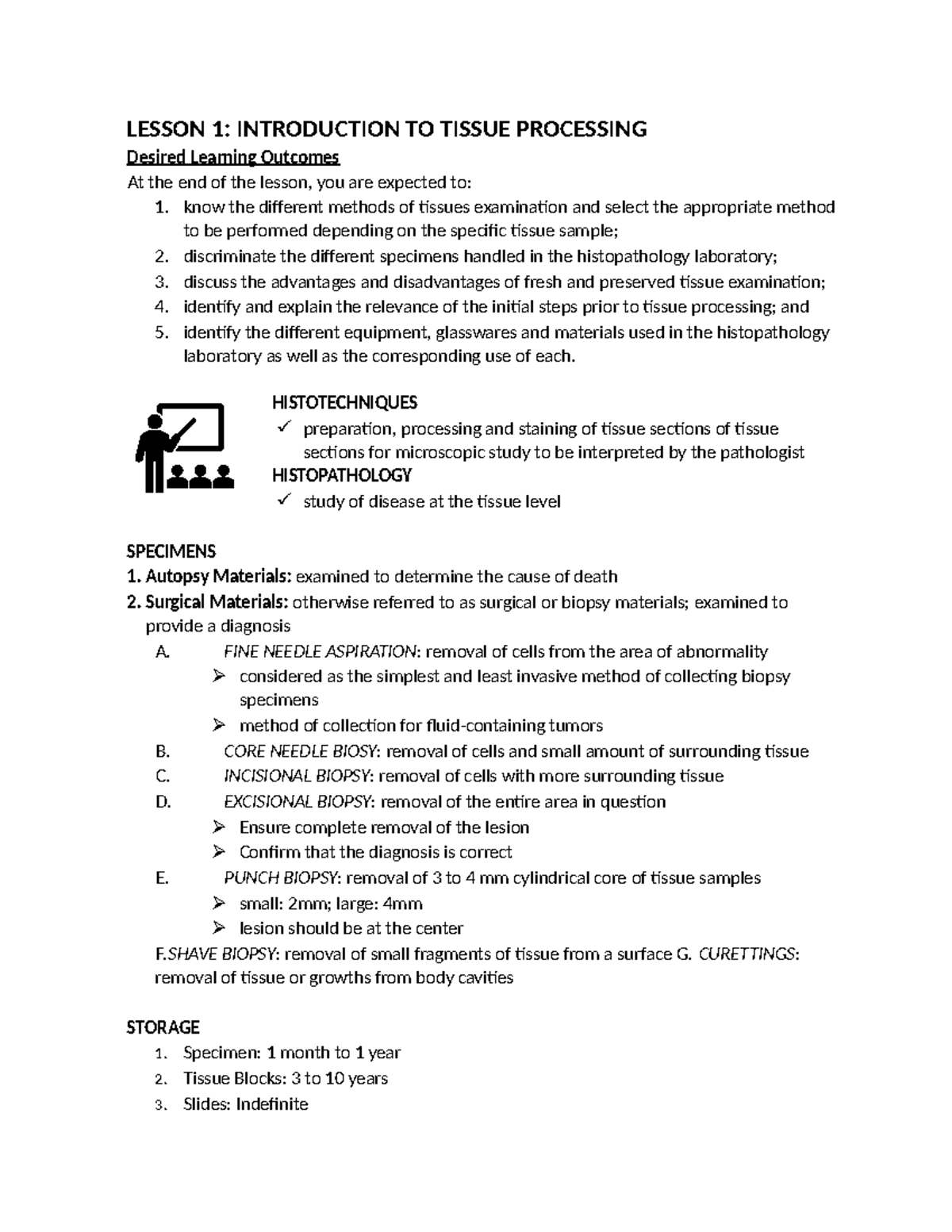 Histopath- Lesson-1 - LESSON 1: INTRODUCTION TO TISSUE PROCESSING Desired Learning Outcomes At ...