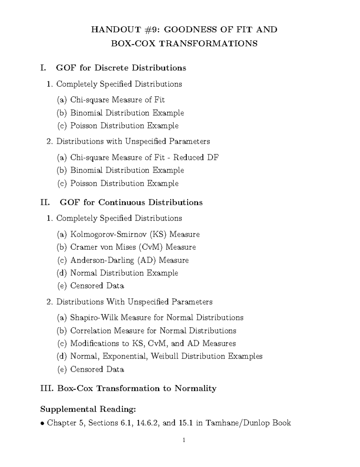 Handout 09 - The Methods of Statistics I - HANDOUT #9: GOODNESS OF FIT AND BOX-COX ...