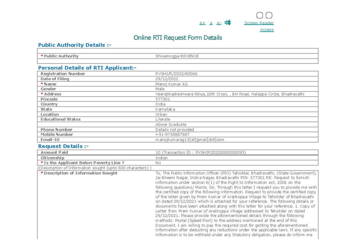 Online RTI Information System RTI Online 2 - A+ A A- Screen Reader Access Online RTI Request ...