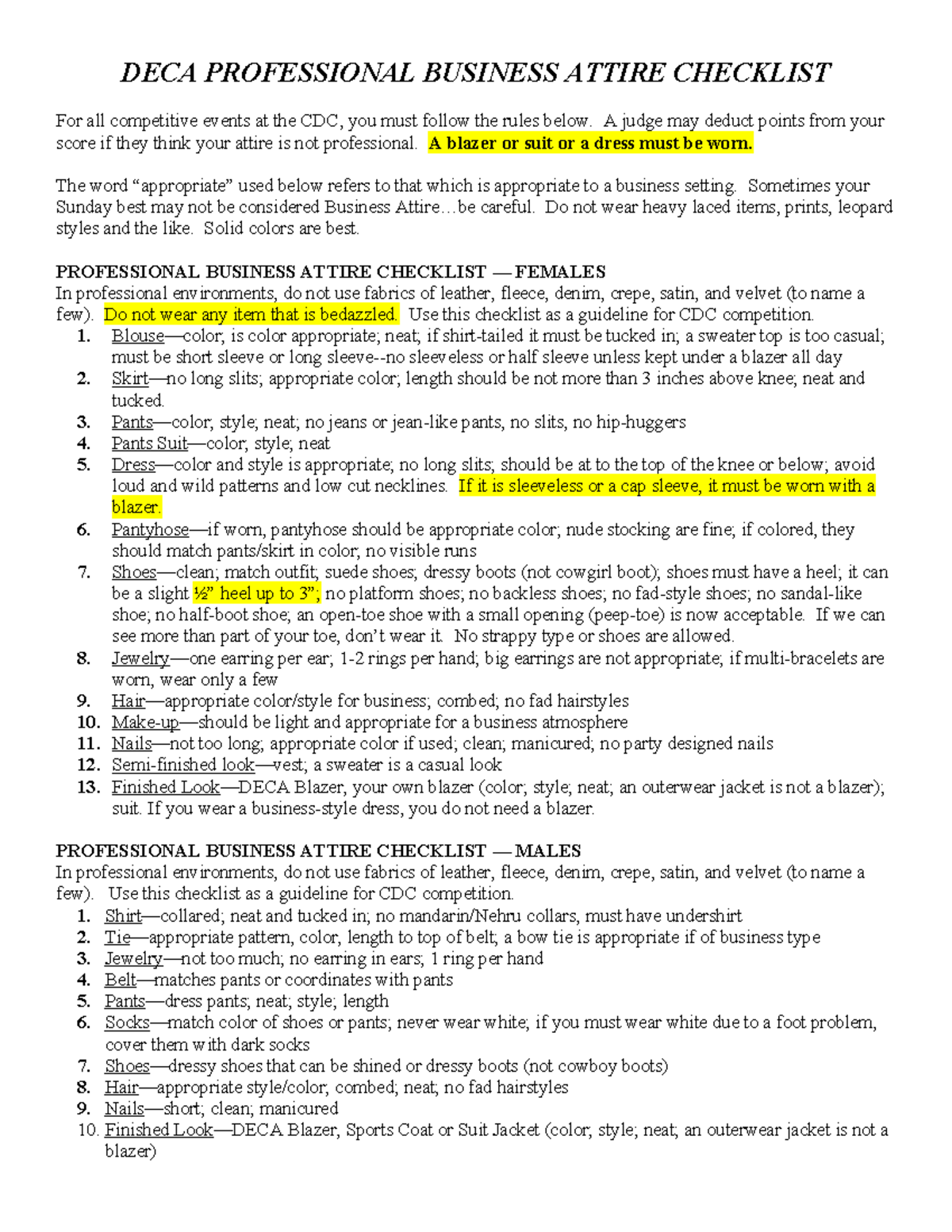 Business Attire Checklist - DECA PROFESSIONAL BUSINESS ATTIRE CHECKLIST ...