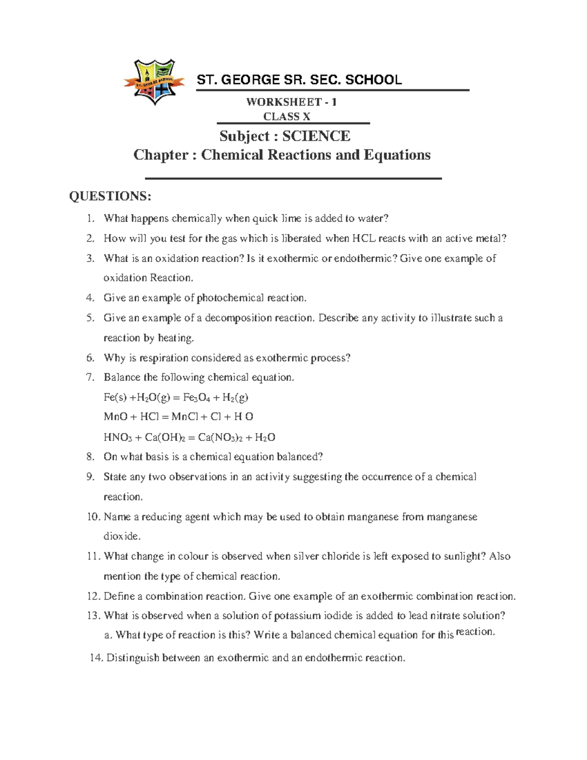 10 Chemical Reaction Worksheet - MAHESH PUBLIC SCHOOL, JODHPUR ...