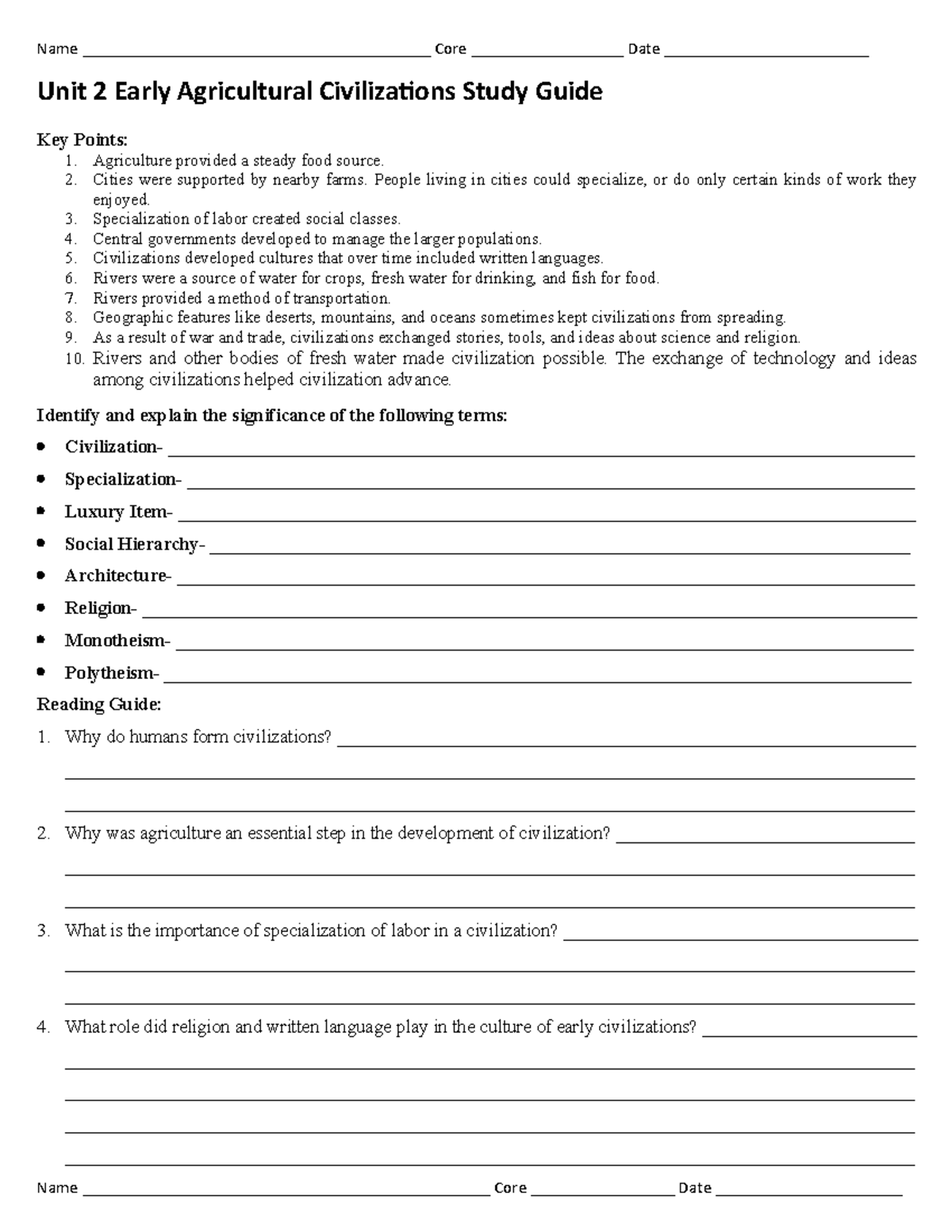 Early Agricultural Civilizations Study Guide - Agriculture provided a ...