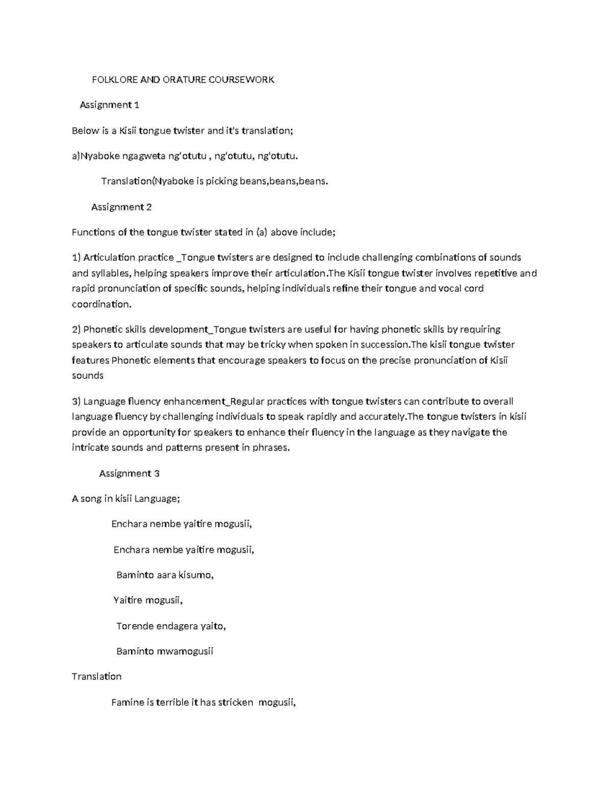 Coursework African Orature AND Folklore-WPS Office - FOLKLORE AND ORATURE COURSEWORK Assignment ...