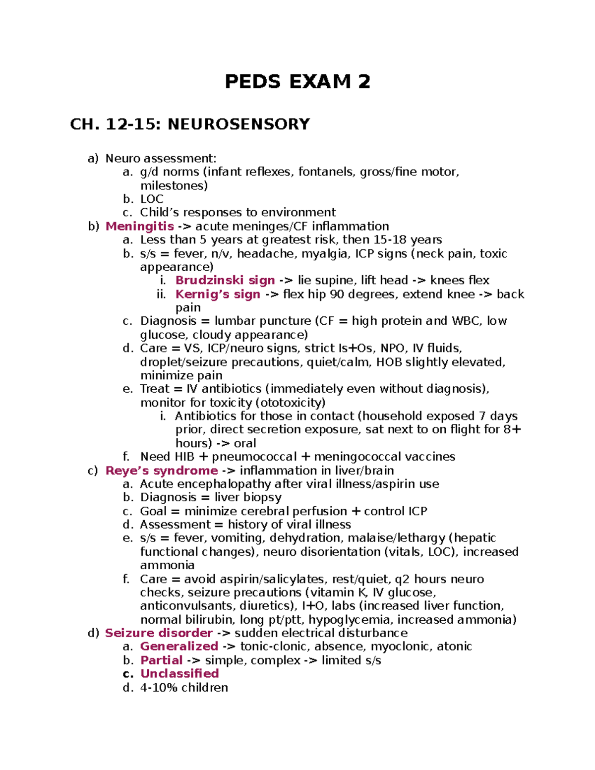 Peds exam 2 - Outline for exam 2 - PEDS EXAM 2 CH. 12-15: NEUROSENSORY ...