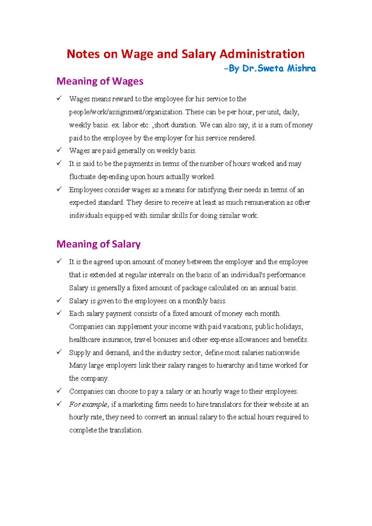WAGE & Salary ADM - Human Resource Management (HS 3004) - Notes on Wage ...