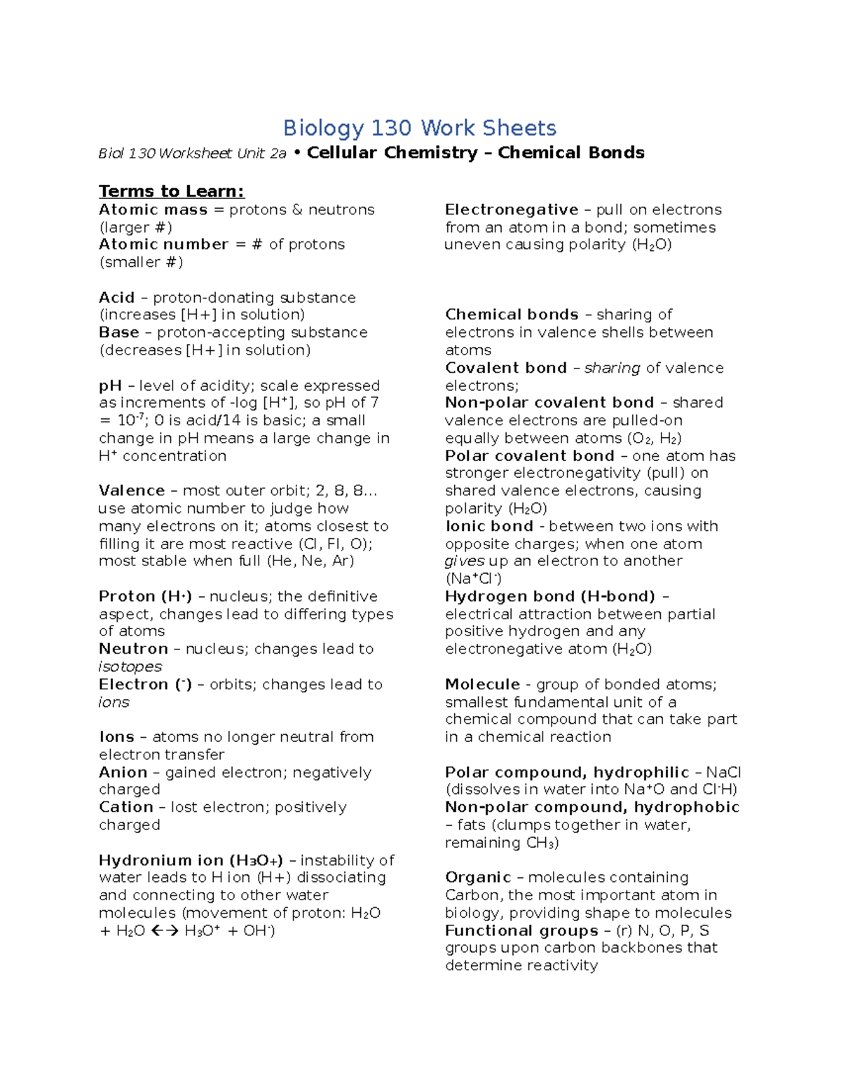 Biology 130 Work Sheets - Biology 130 Work Sheets Biol 130 Worksheet ...