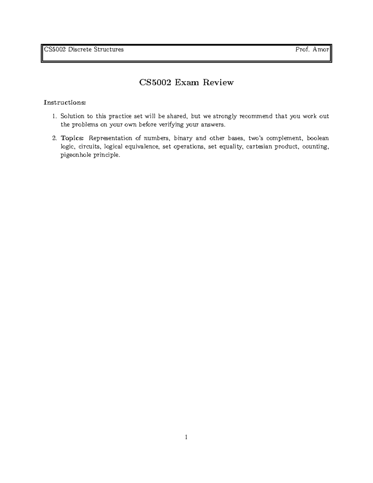 Midterm review - CS5002 Discrete Structures Prof. Amor CS5002 Exam Review Instructions: Solution ...