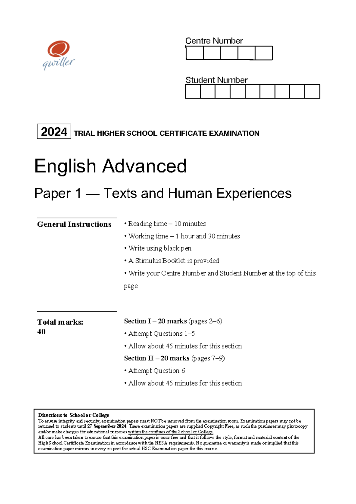 Qwiller 2024 English Advanced Paper 1 Trial HSC Examination - Centre ...