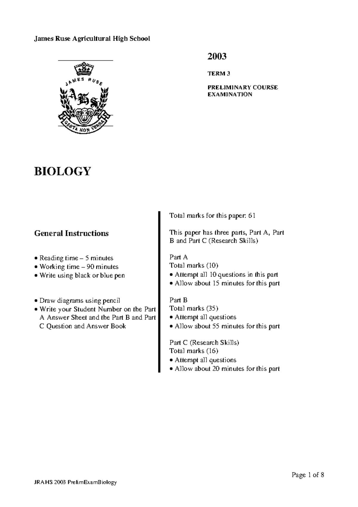 James Ruse 2003 Biology Prelim Yearly & Solutions - James Ruse ...