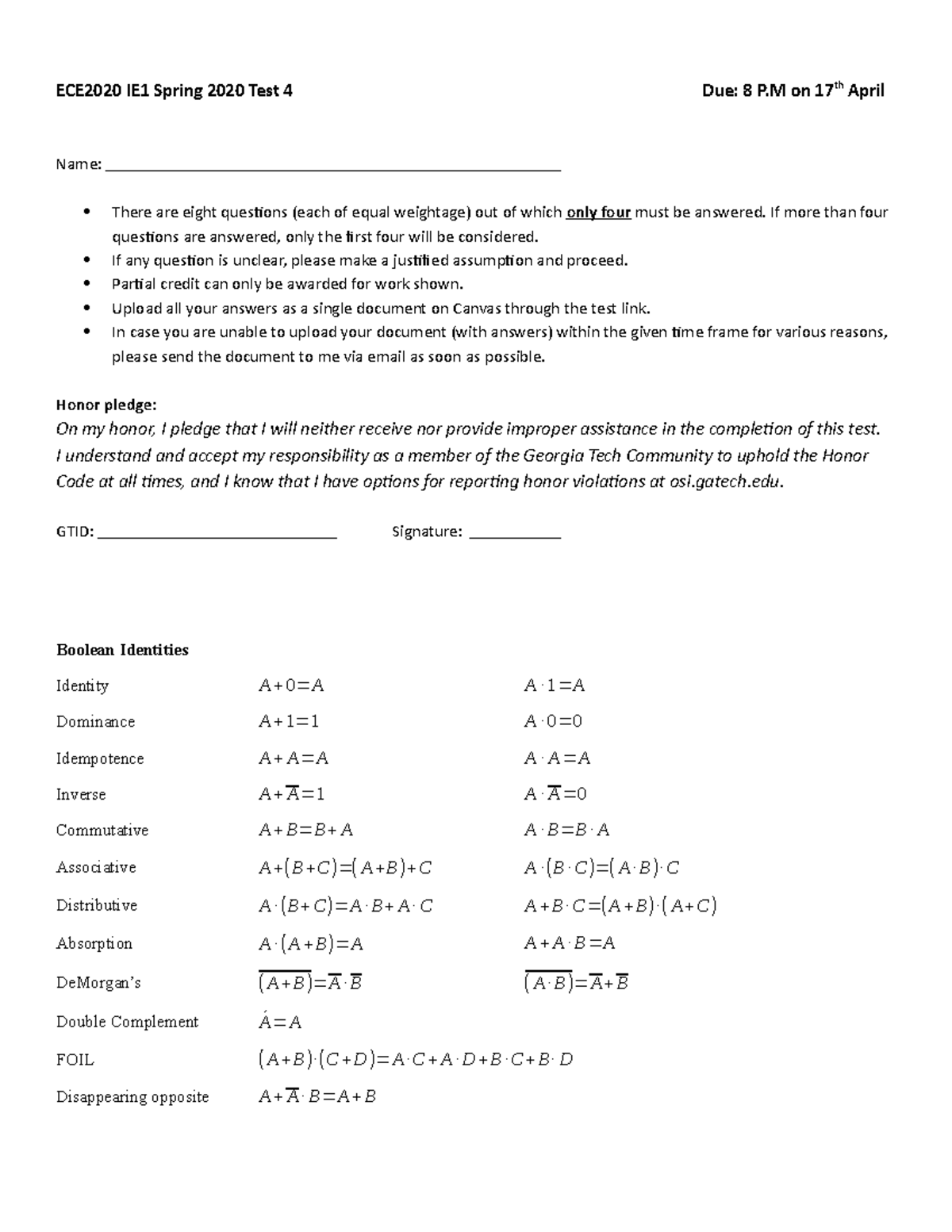 ECE 2020 Test 4 - ECE2020 IE1 Spring 2020 Test 4 Due: 8 P on 17th April ...