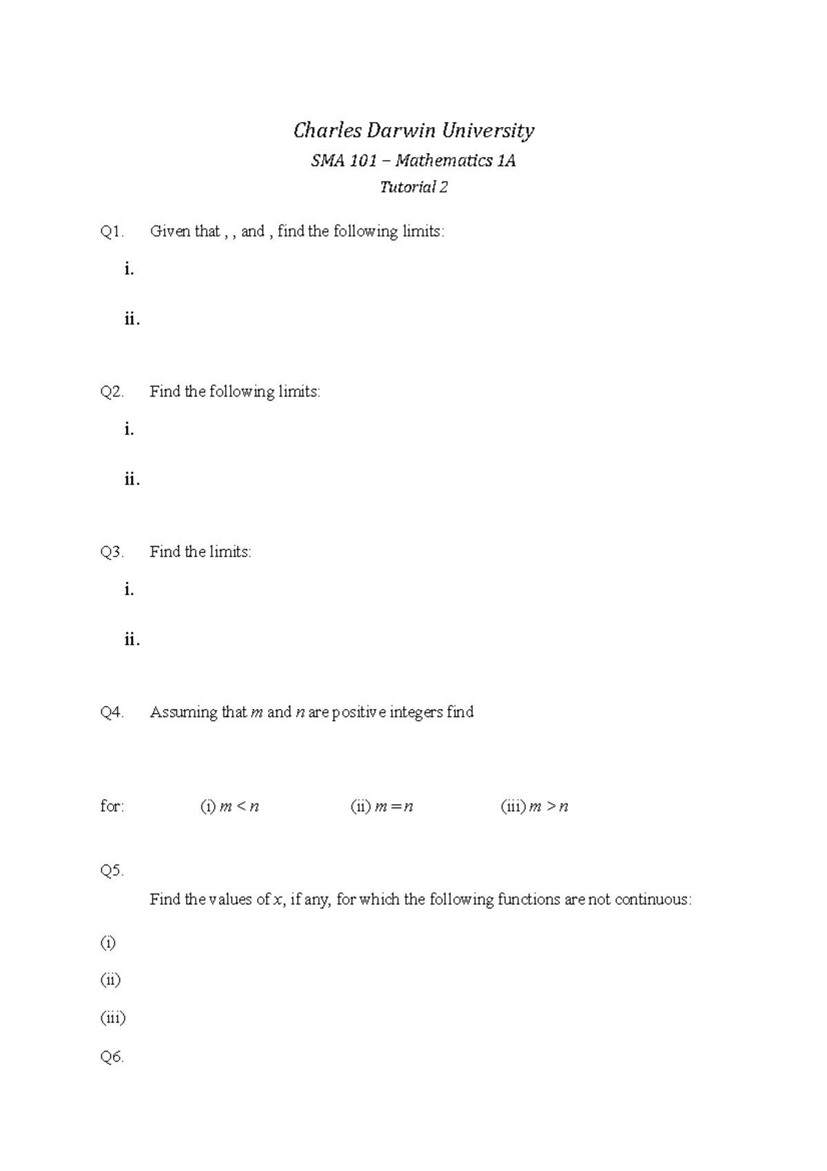 Tutorial 2 - Charles Darwin University SMA 101 − Mathematics 1A Tutorial 2 Q1. Given that ...