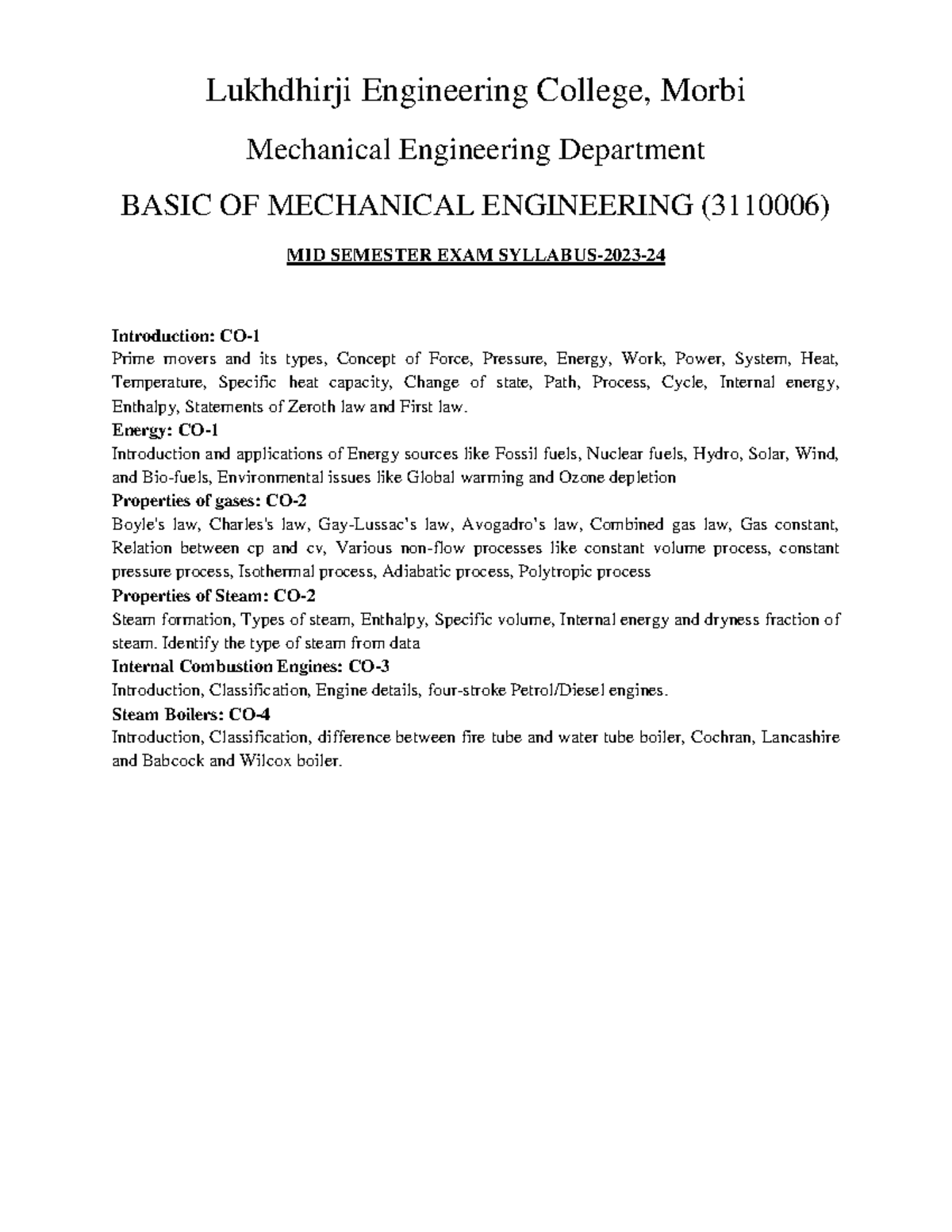 BME 3110006 Mid sem Exam syllabus 2023-24 - Lukhdhirji Engineering College, Morbi Mechanical ...