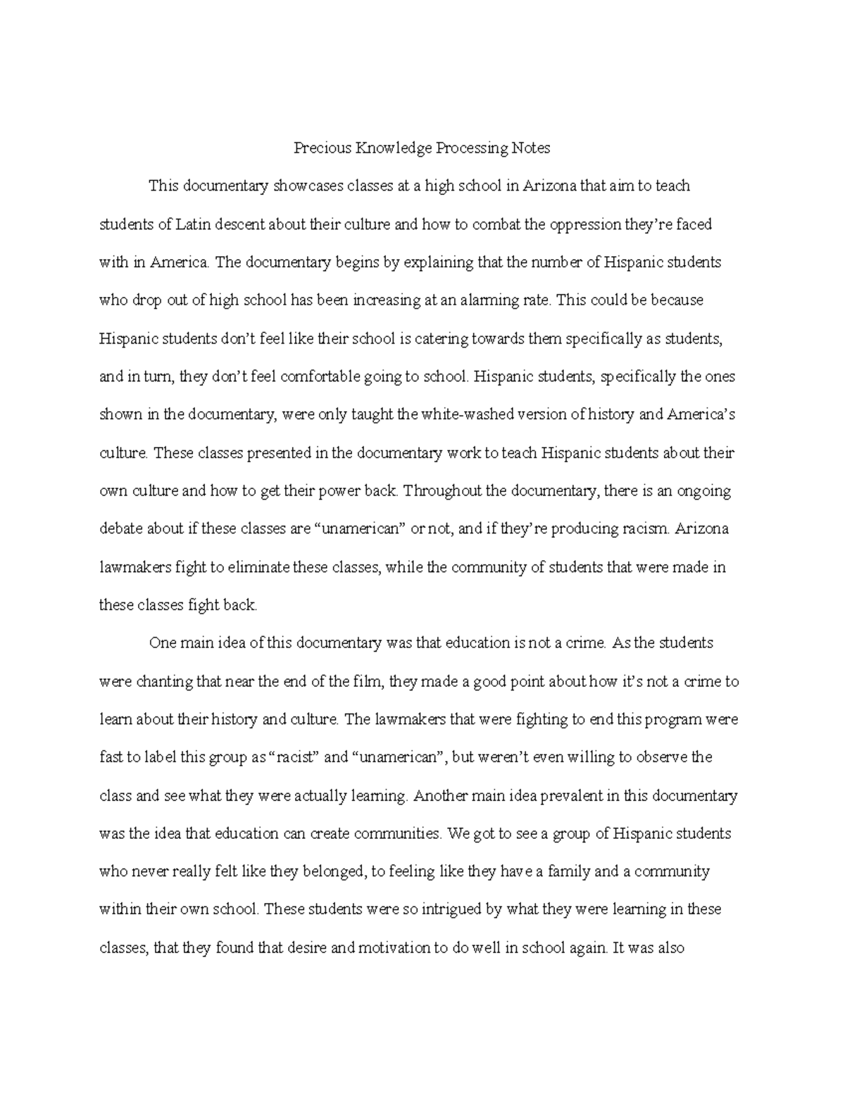 Precious Knowledge Notes - Precious Knowledge Processing Notes This ...