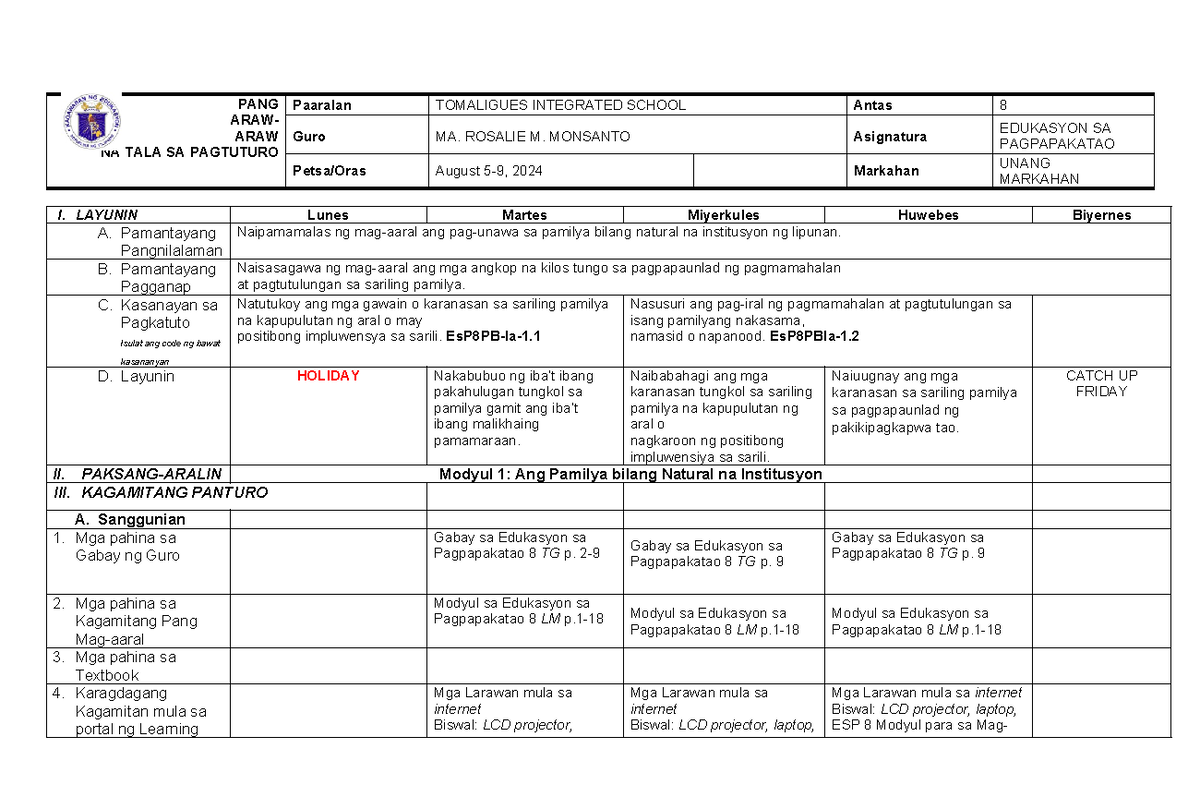 LESSON PLAN IN ESP 8 - PANG ARAW- ARAW NA TALA SA PAGTUTURO Paaralan ...