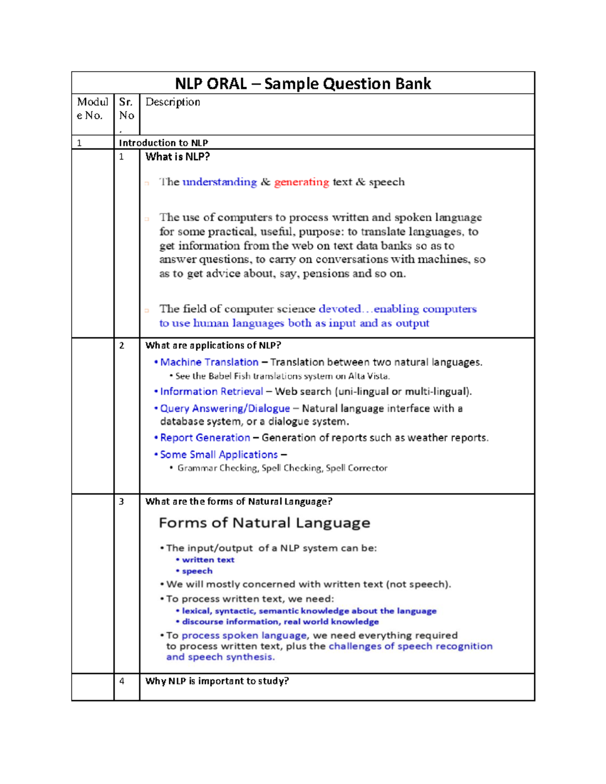 NLP ORAL QB Viva Questions MU - NLP ORAL – Sample Question Bank Modul e ...