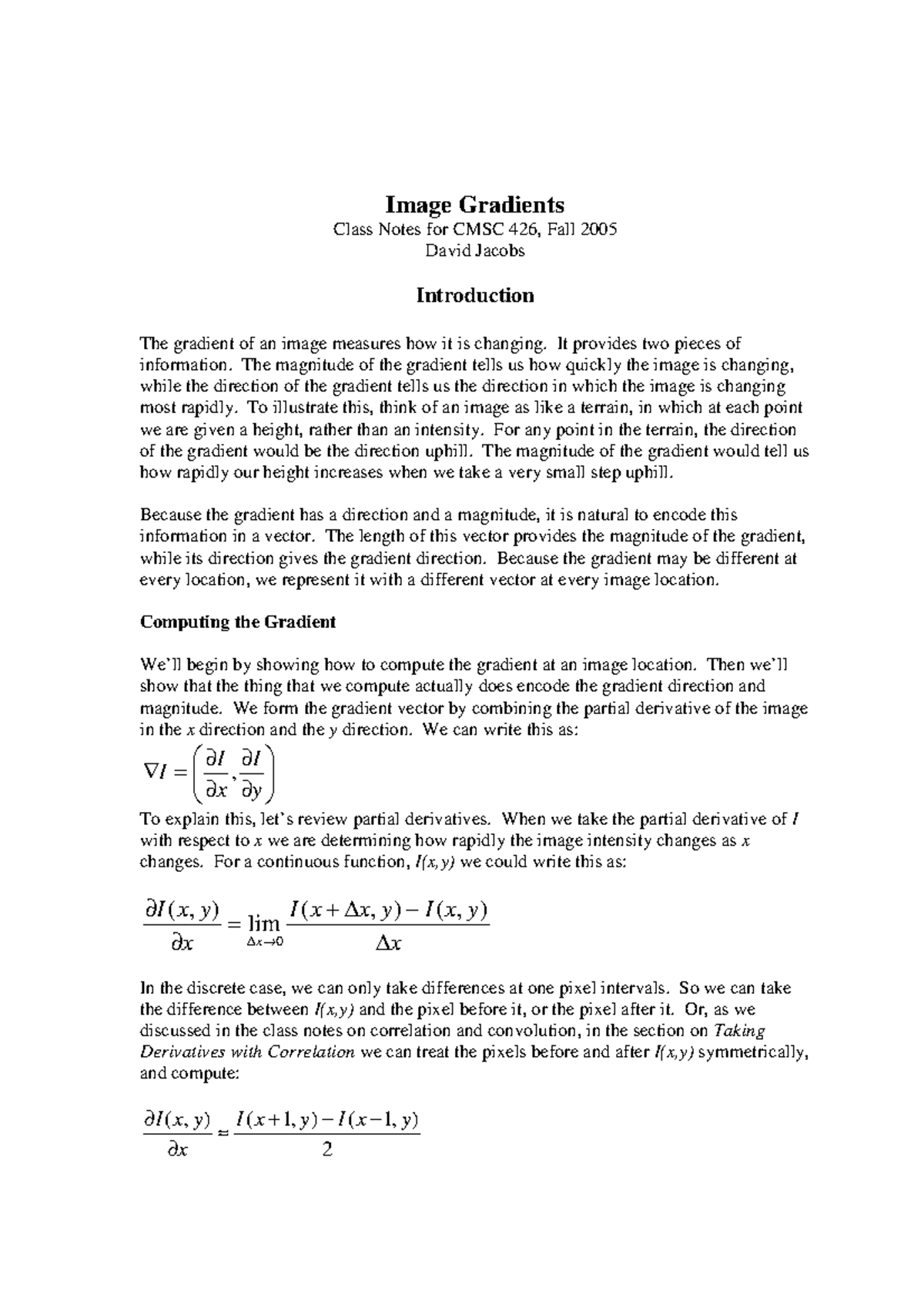 Image Gradient document - Image Gradients Class Notes for CMSC 426 ...