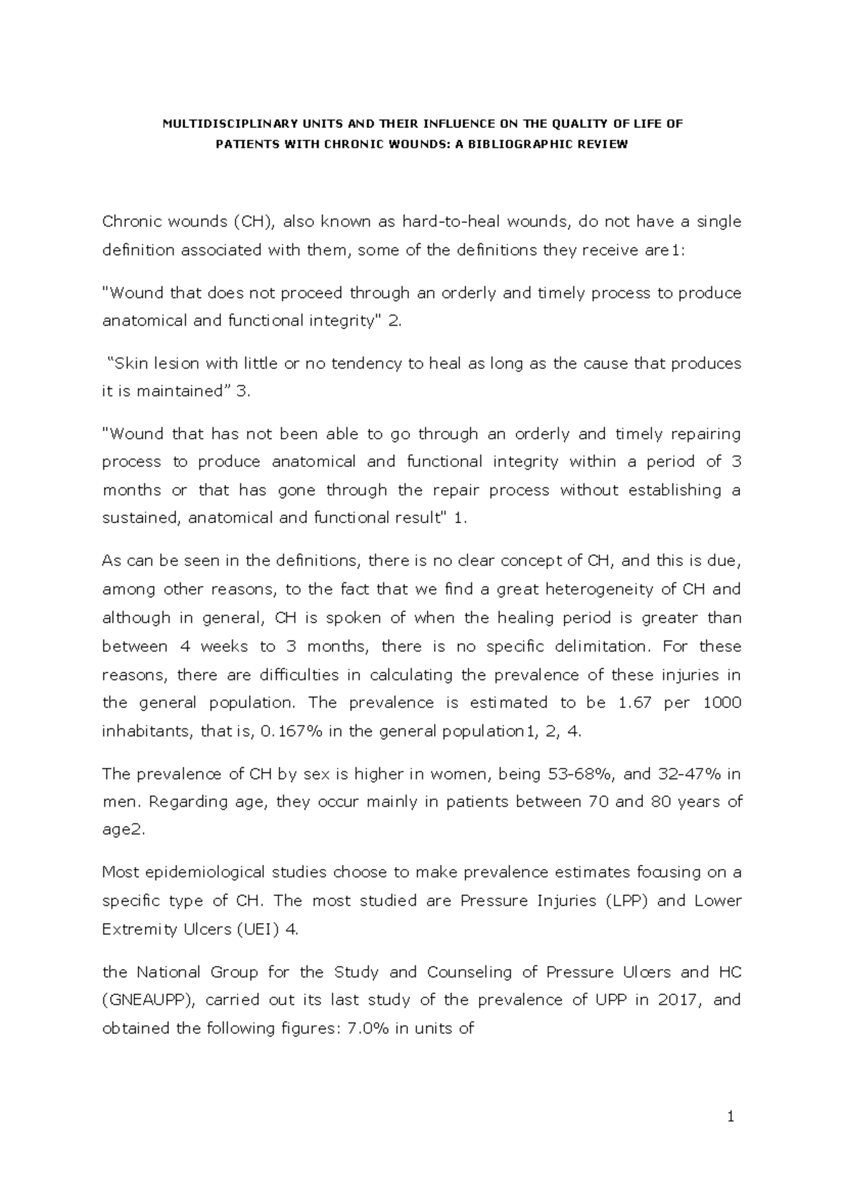 Multidisciplinary Units AND Their Influence ON THE Quality OF LIFE OF ...