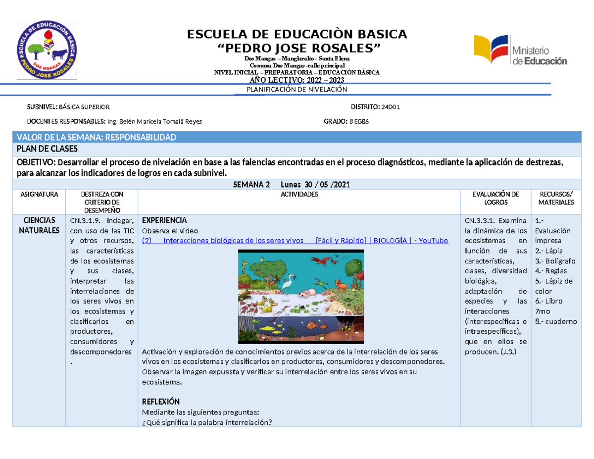 Planificacion Nivelación 8vo 2da semana - ESCUELA DE EDUCACIÒN BASICA ...