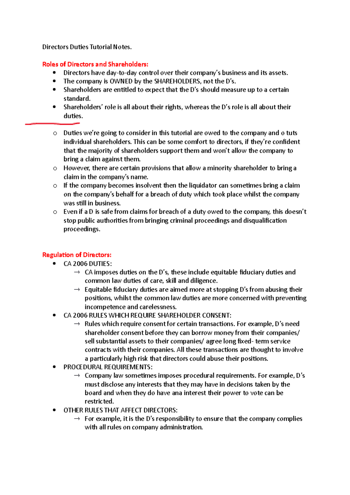 Directors Duties Tutorial Notes - Roles of Directors and Shareholders ...