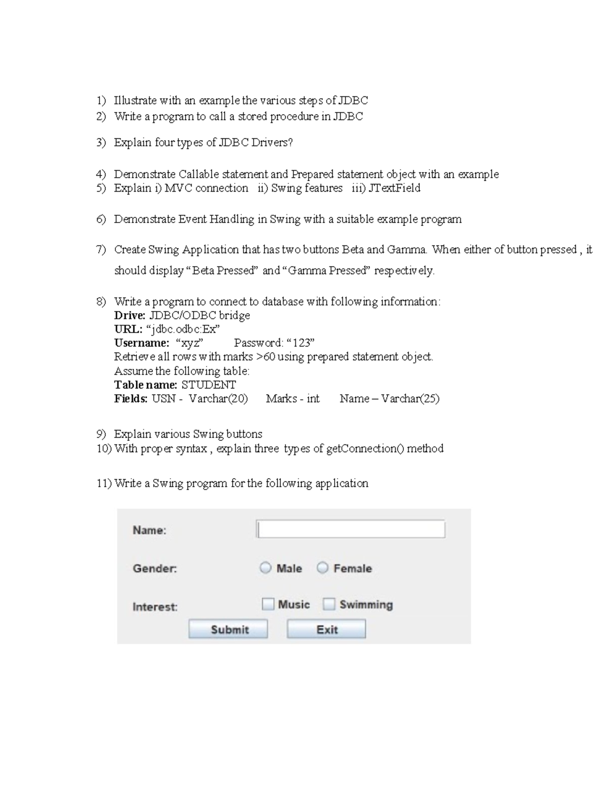 Question Bank - pdf - Illustrate with an example the various steps of JDBC Write a program to ...