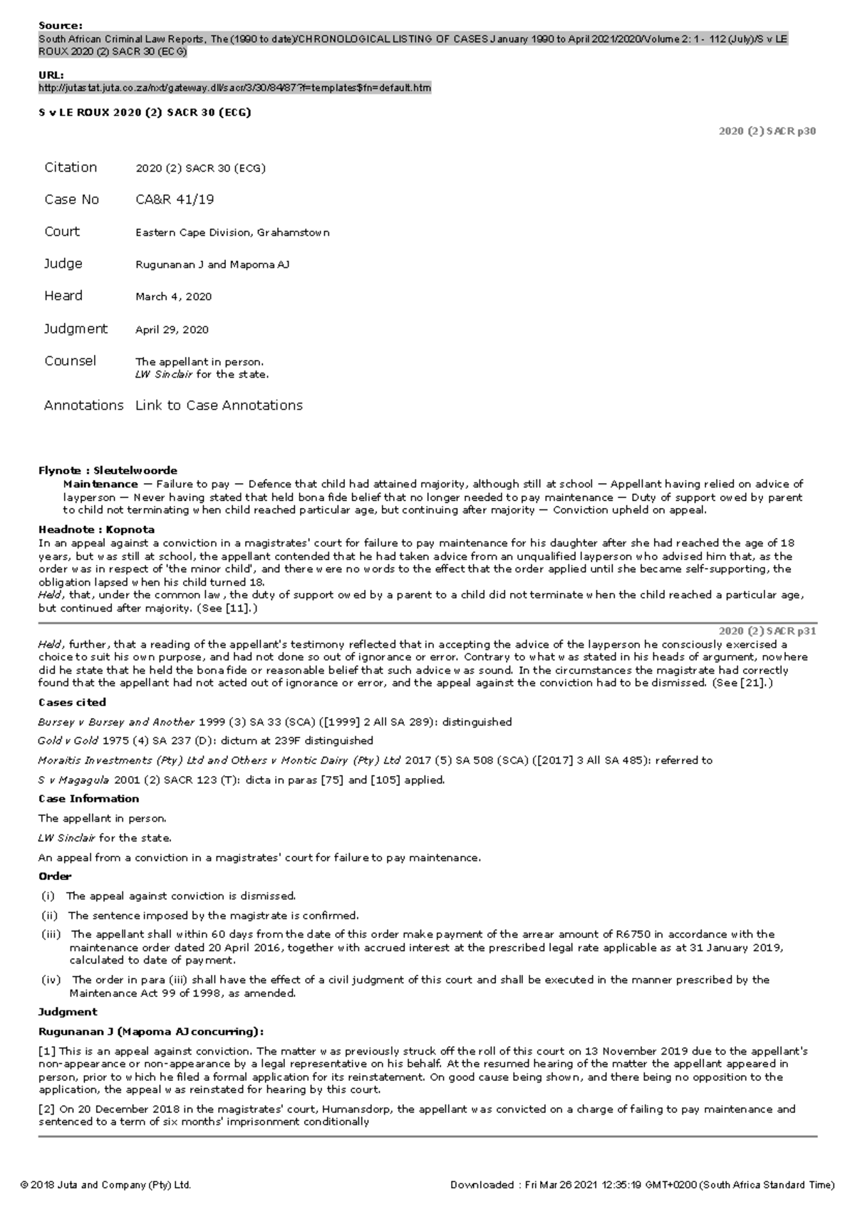 S v Le Roux Summary document - - Studocu