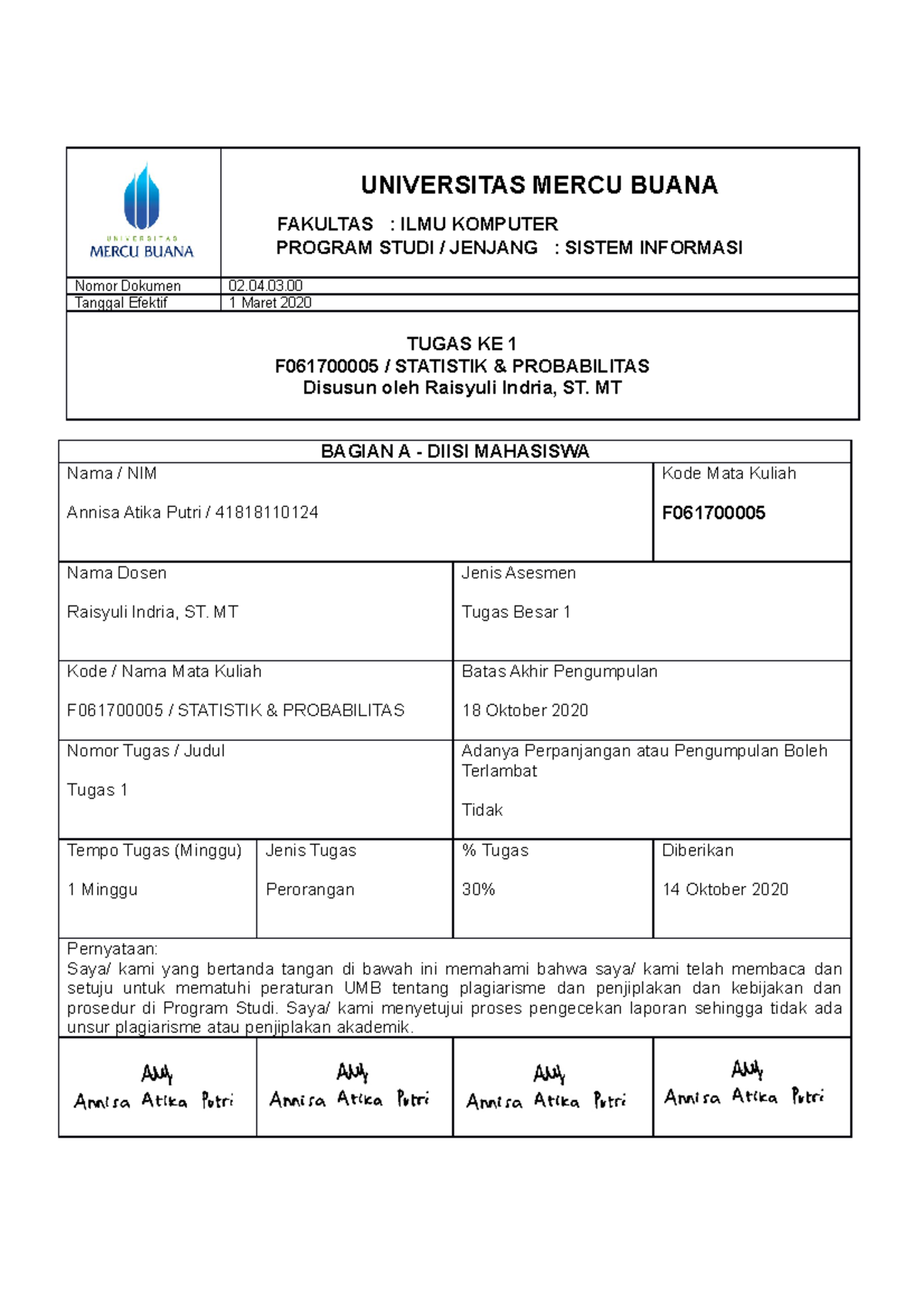 Statistik dan Probabilitas - UNIVERSITAS MERCU BUANA FAKULTAS : ILMU KOMPUTER PROGRAM STUDI ...