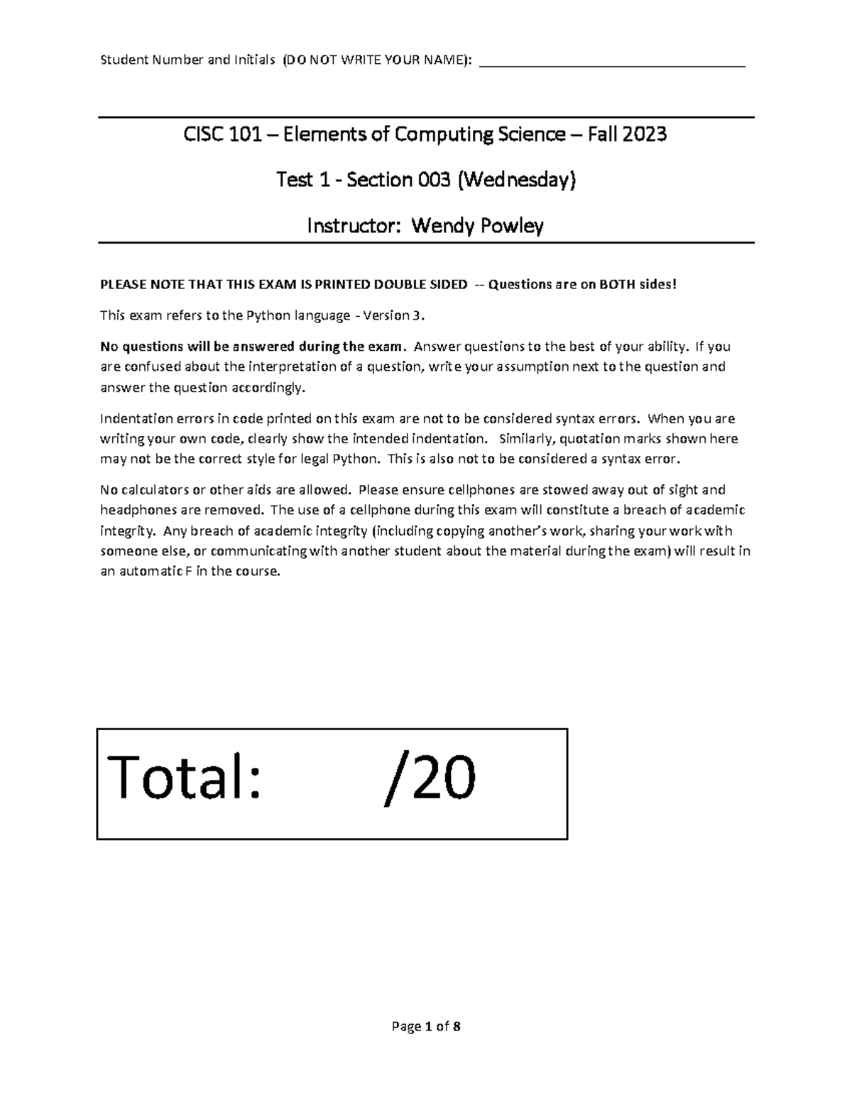 FILE 3323 - test - Student Number and Initials (DO NOT WRITE YOUR NAME ...