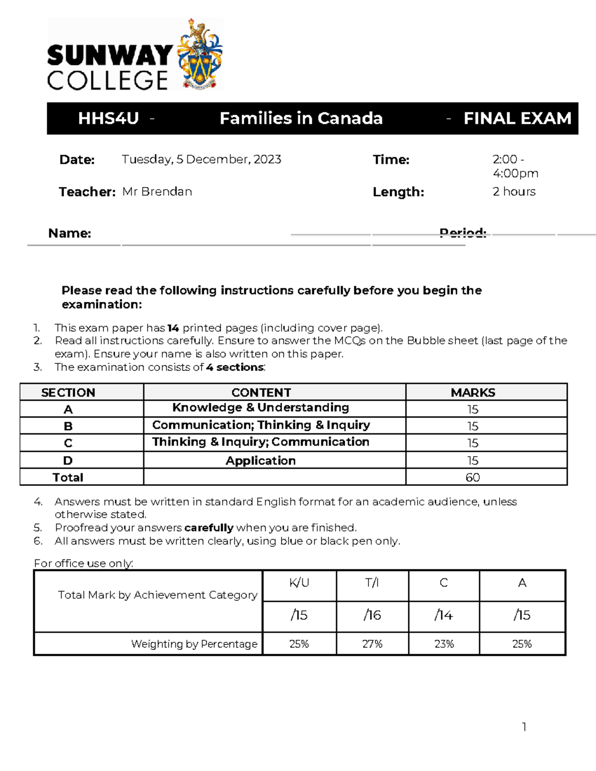 HHS4U - Final Exam - December 2023 Blank - HHS4U - Families in Canada ...