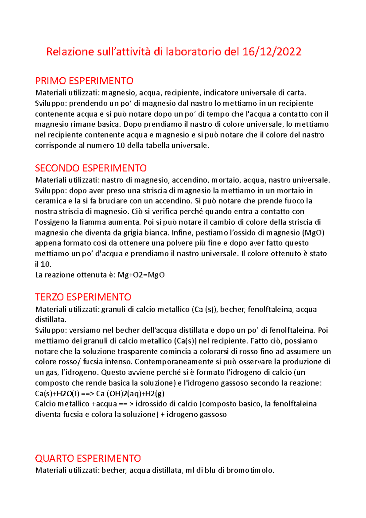 Relazione scienze laboratorio - Relazione sull’attività di laboratorio del 16/12/ PRIMO ...