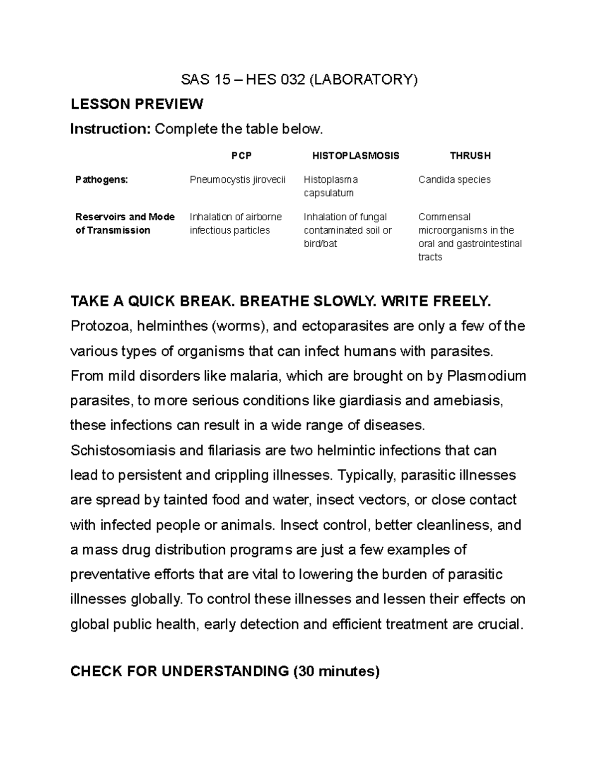 SAS-15 - Maternal and Child Nursing SAS 15 - SAS 15 – HES 032 (LABORATORY) LESSON PREVIEW - Studocu