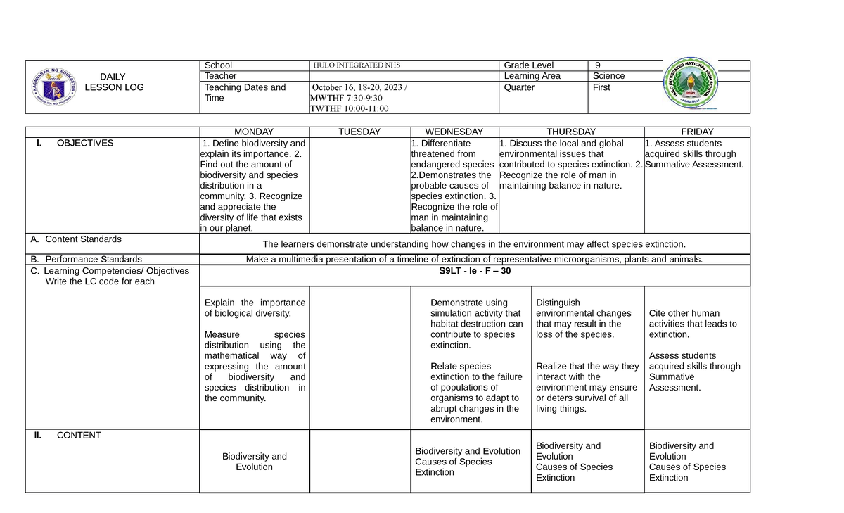DLL 1ST QRTR-Biodiversity no - DAILY LESSON LOG School HULO INTEGRATED ...