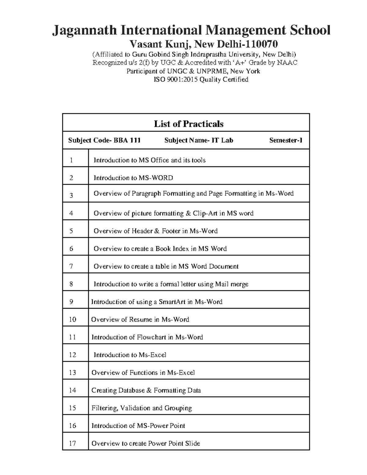 List of Practicals(BBA 111) - Jagannath International Management School Vasant Kunj, New Delhi ...