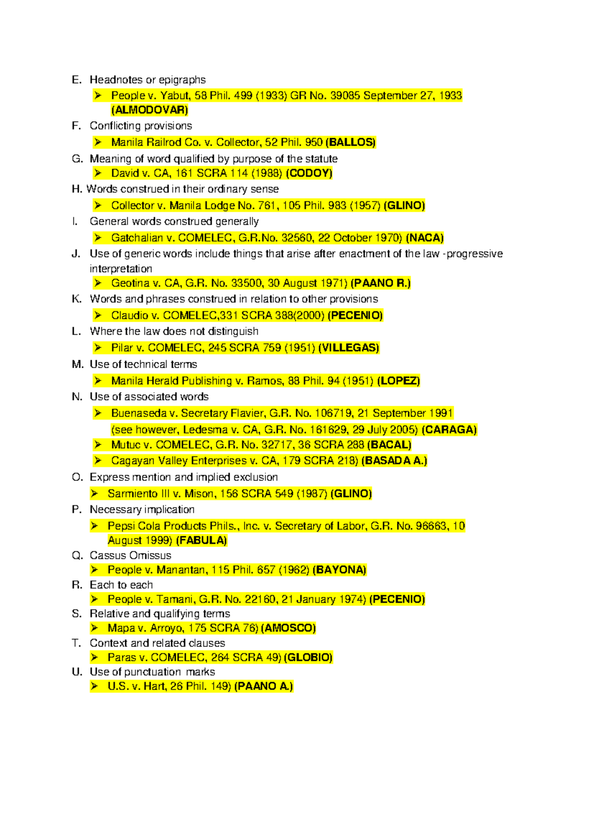 CASE Assign IN STAT CON - E. Headnotes or epigraphs People v. Yabut, 58 ...