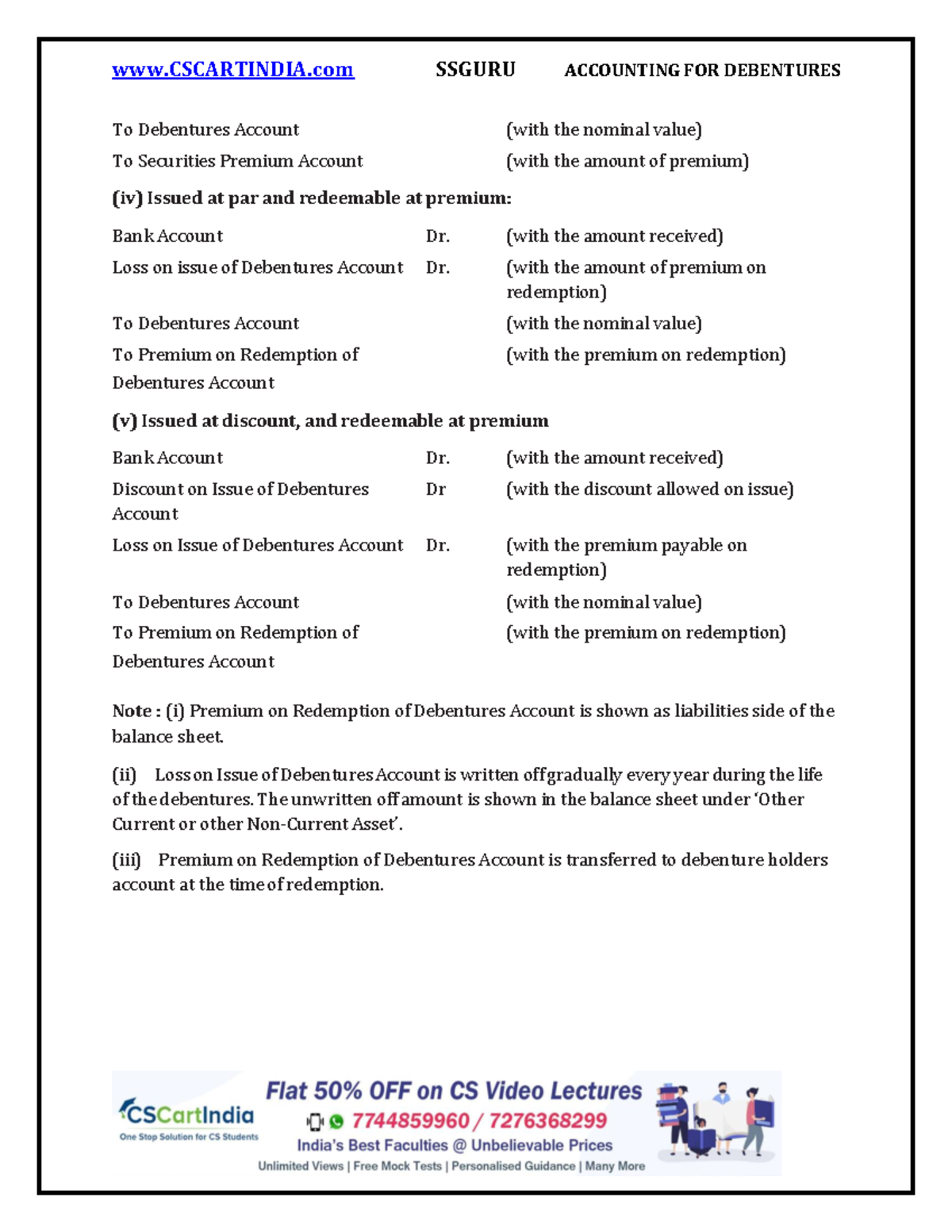 Notes 8 - To Debentures Account (with the nominal value) To Securities ...