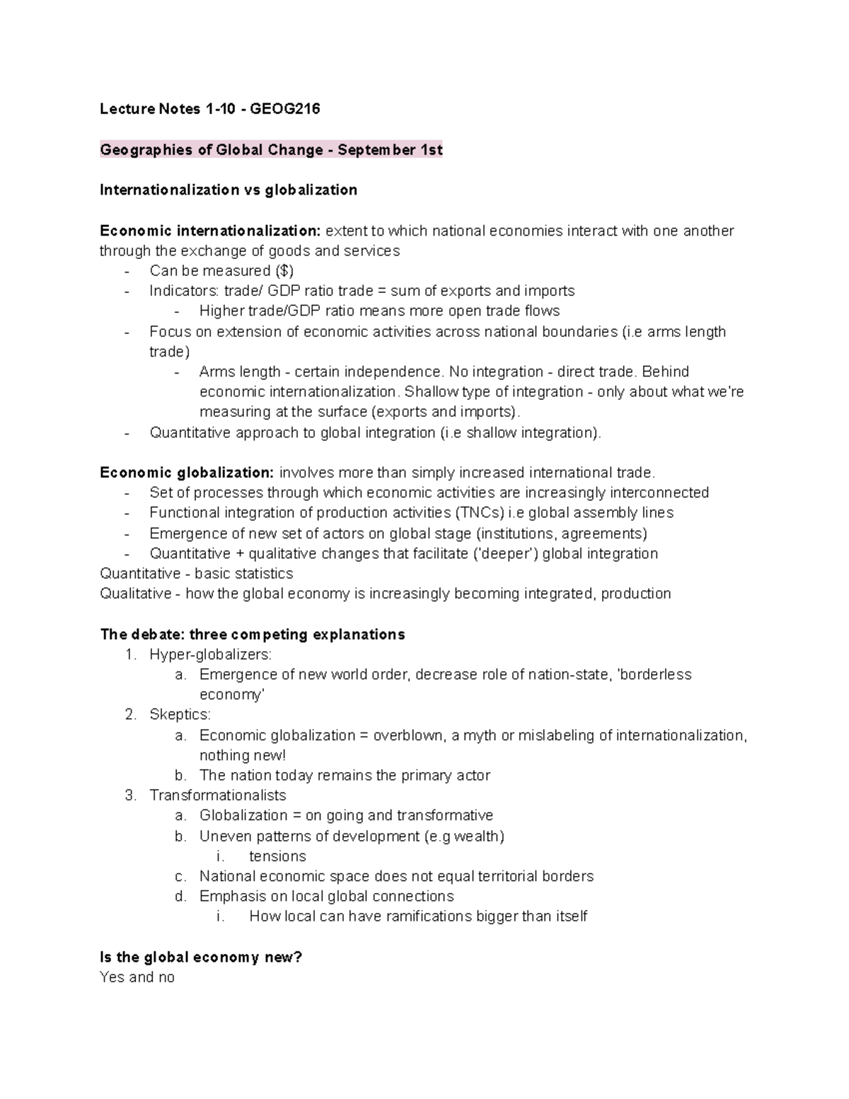 Lecture Notes 1-10 - GEOG216 - Lecture Notes 1-10 - GEOG Geographies of ...