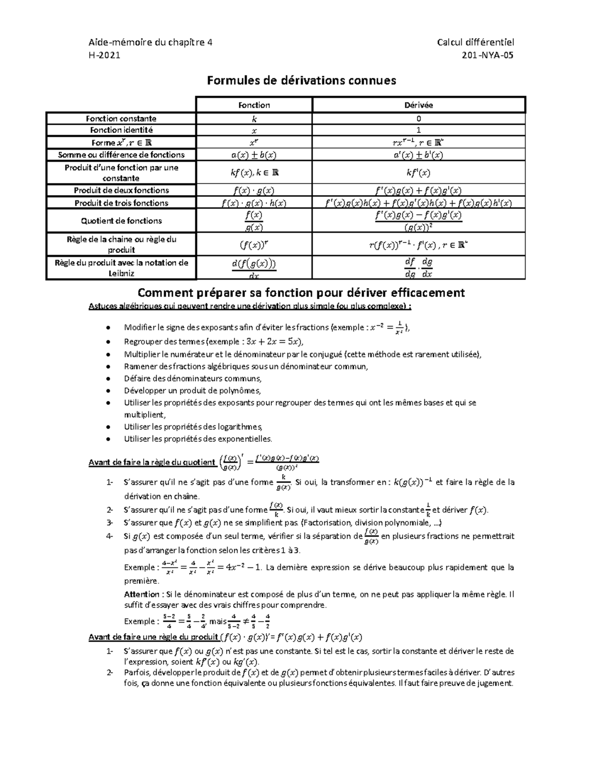 Aide memoire Chapitre 4 - Aide-mÈmoire du chapitre 4 Calcul diffÈrentiel H-2021 201-NYA ...