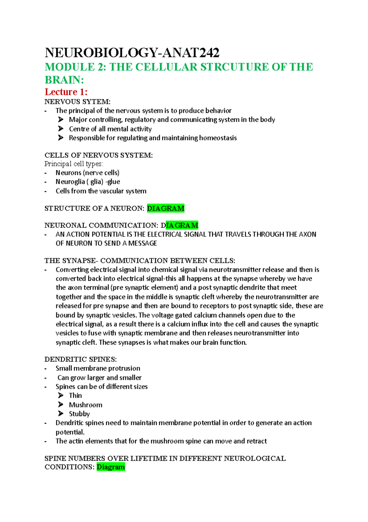 Anat242 lecture notes for exam - NEUROBIOLOGY-ANAT MODULE 2: THE ...