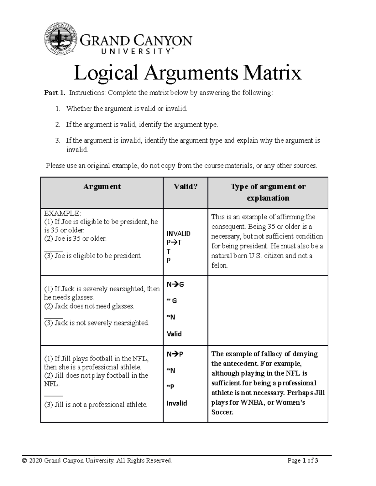 Philosophy Logical Arguments Matrix - Logical Arguments Matrix Part 1 ...