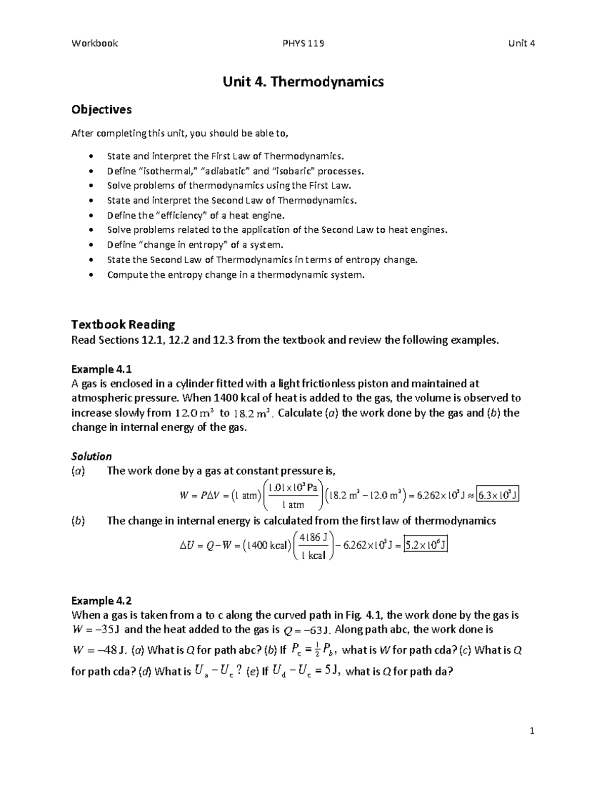 PHYS 119 Unit4 coursework - Unit 4. Thermodynamics Objectives After ...
