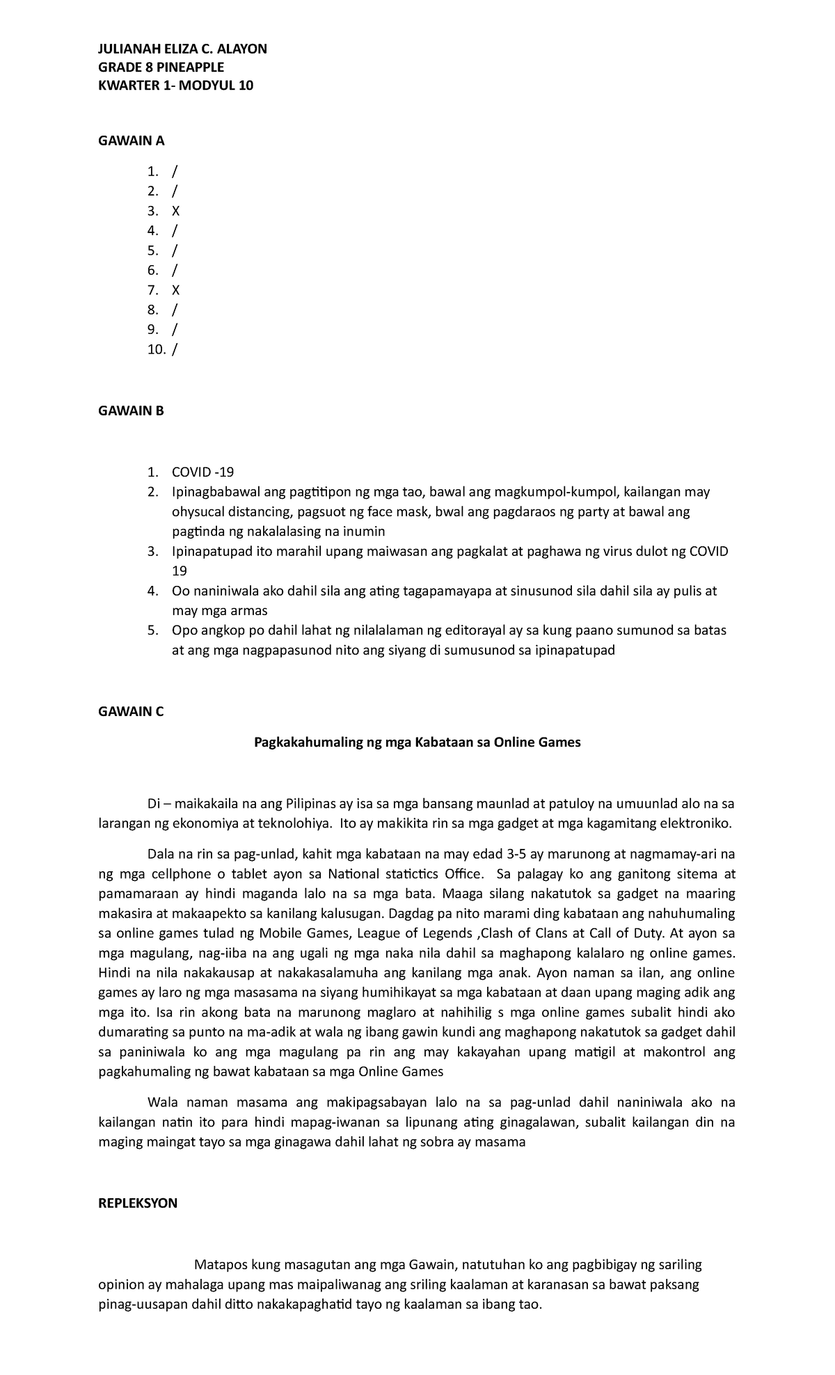 Alayon kwarter 1 modyul 10 modyul in highschool - JULIANAH ELIZA C ...